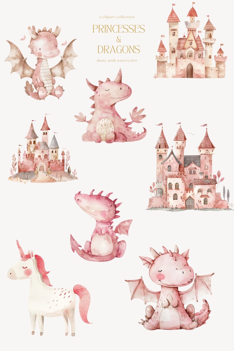 Little Princess Clipart Pink Watercolor Castle Fairytale Clipart Cute ...