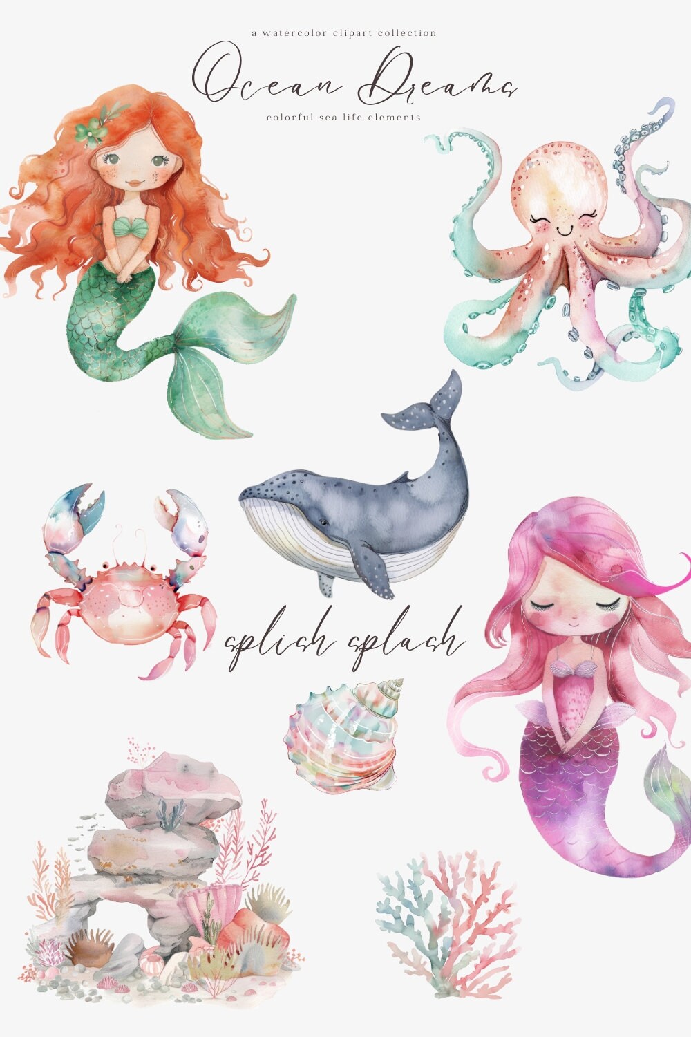 Ocean Clipart Under the Sea Watercolor Clipart Little Mermaid PNG Cute ...