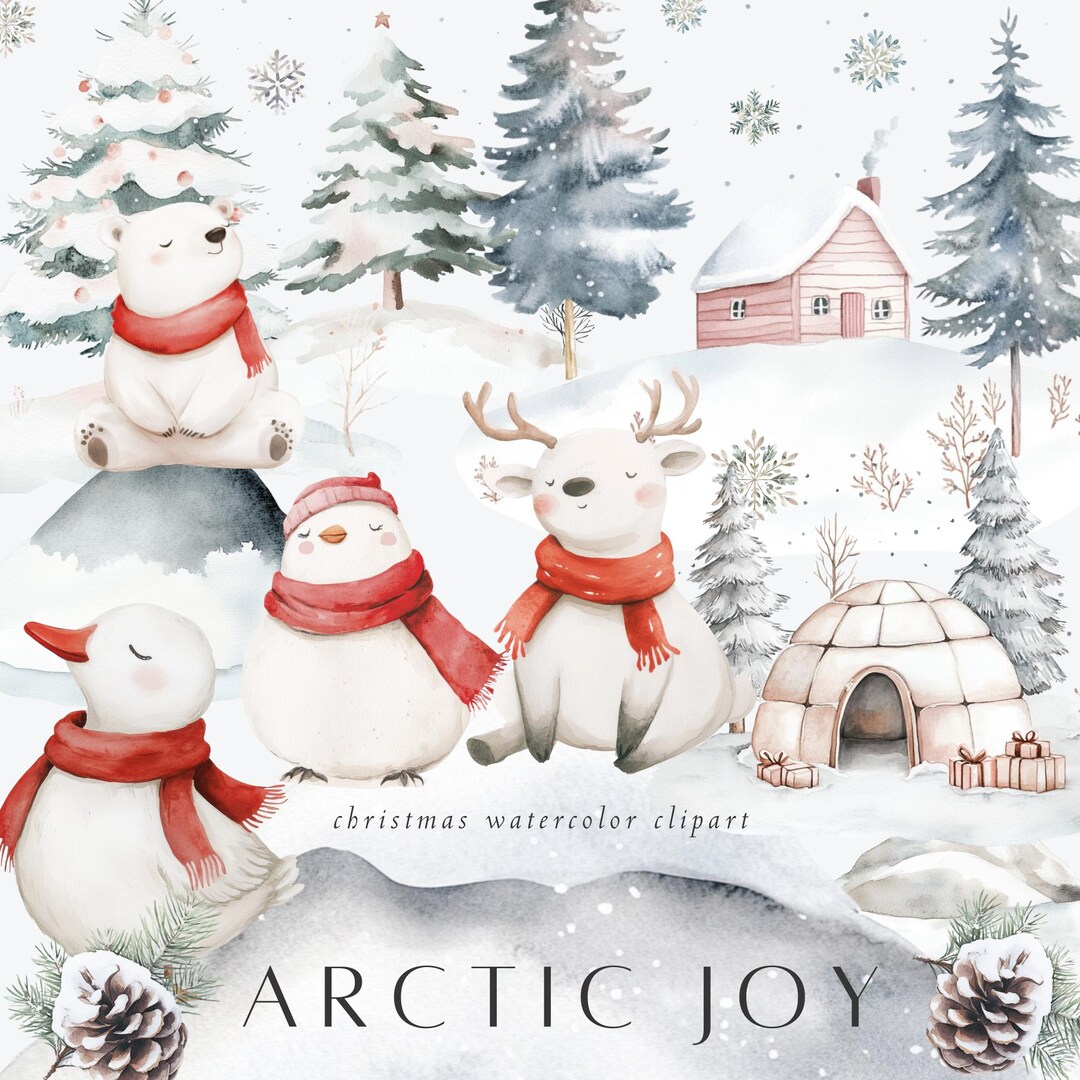 Polar Animals Christmas Clipart, Arctic Festive Graphics, Cute Xmas ...