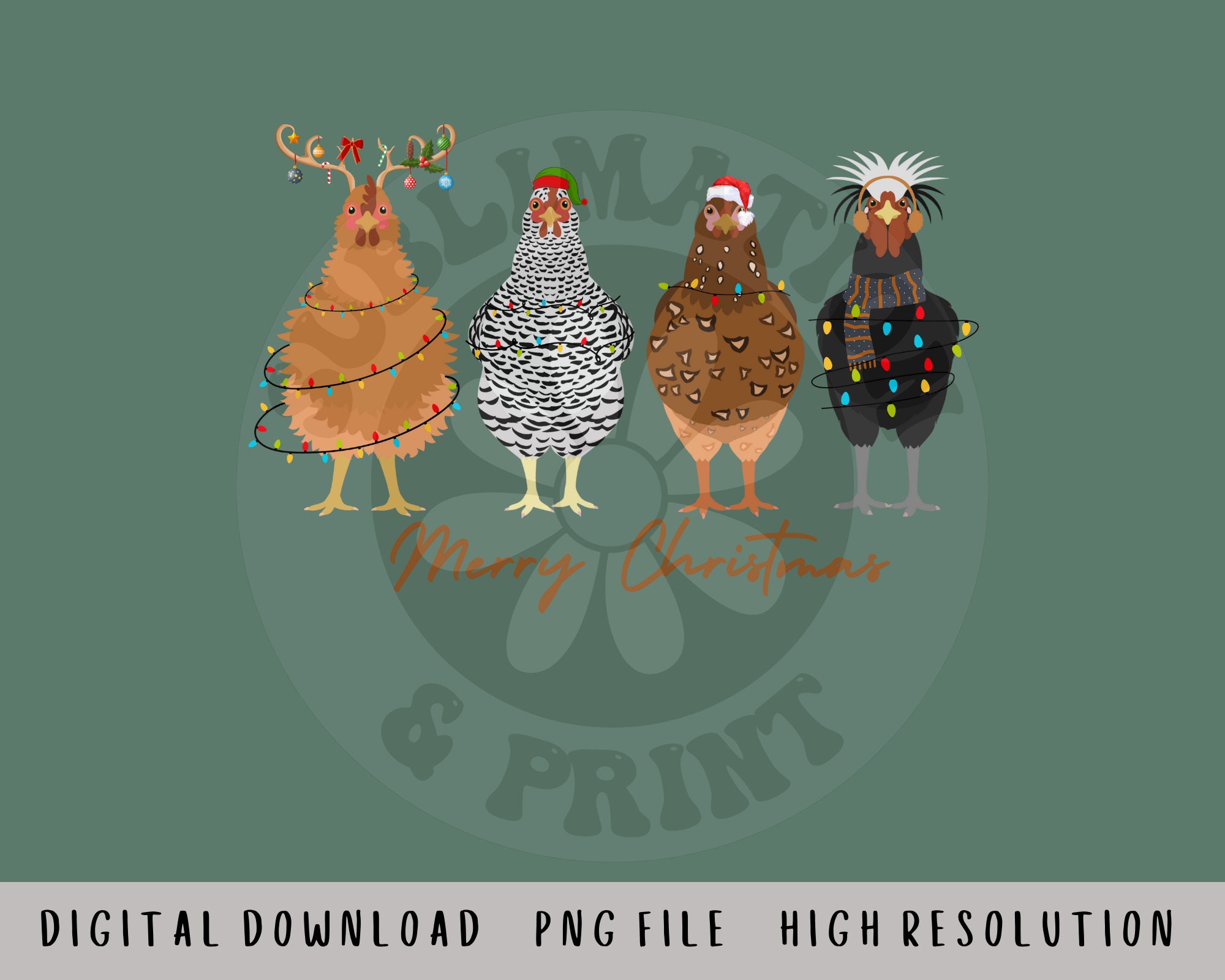 Chicken Graphics Bundle, Christmas Light PNG, Merry Christmas Chicken ...