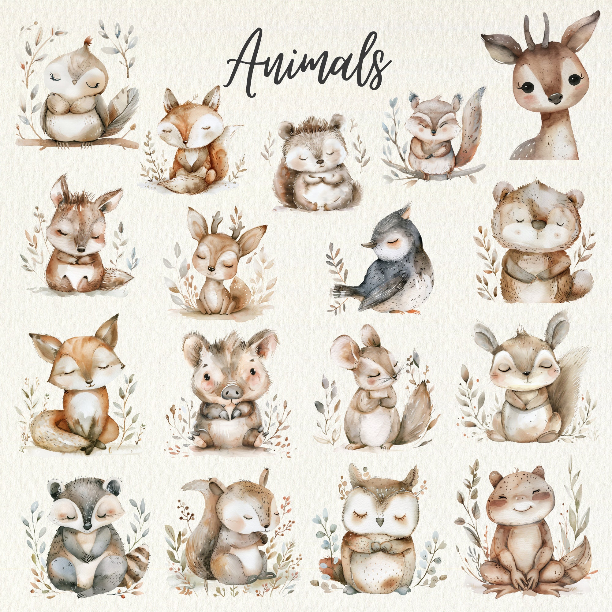 Boho Woodland Animals Clipart Watercolor Bundle Cute Forest Clipart ...