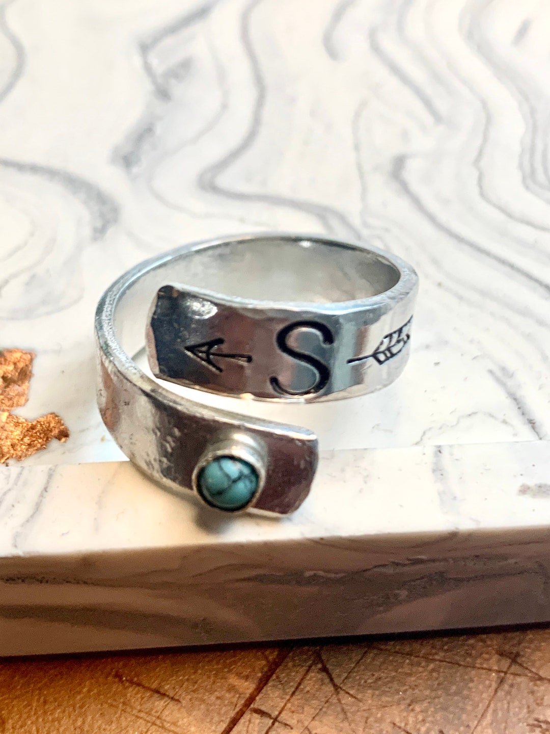 Initial and Turquoise Wrap Ring, CUSTOM Ring, Personalized Ring, Boho ...