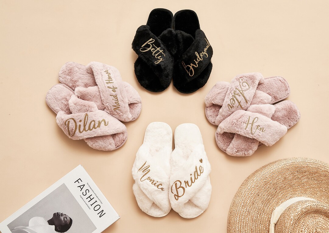 Custom Bride Slippers,fluffy Bridesmaid Slippers,bridal Party Slippers ...