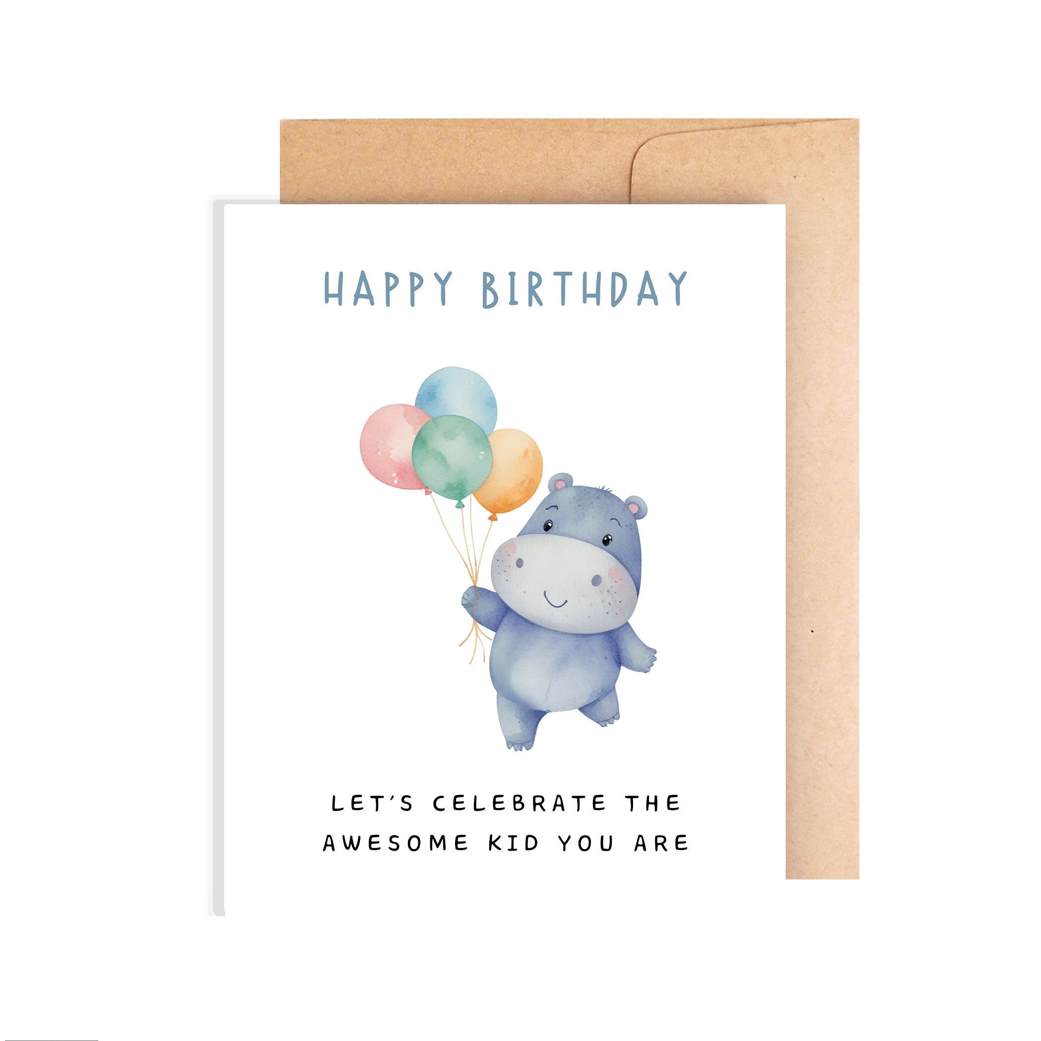 Cute Whimsical Happy Birthday Greeting Card, Hippo With Balloons ...