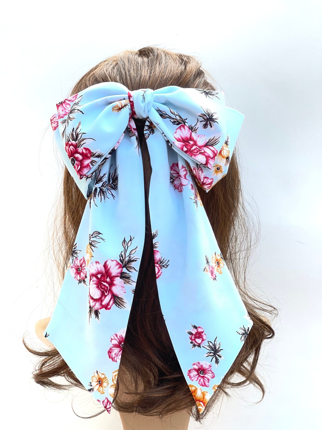 Silks Chiffon Women Hair Bow, Long Bow, Floral Hair Bow, Women Hair ...
