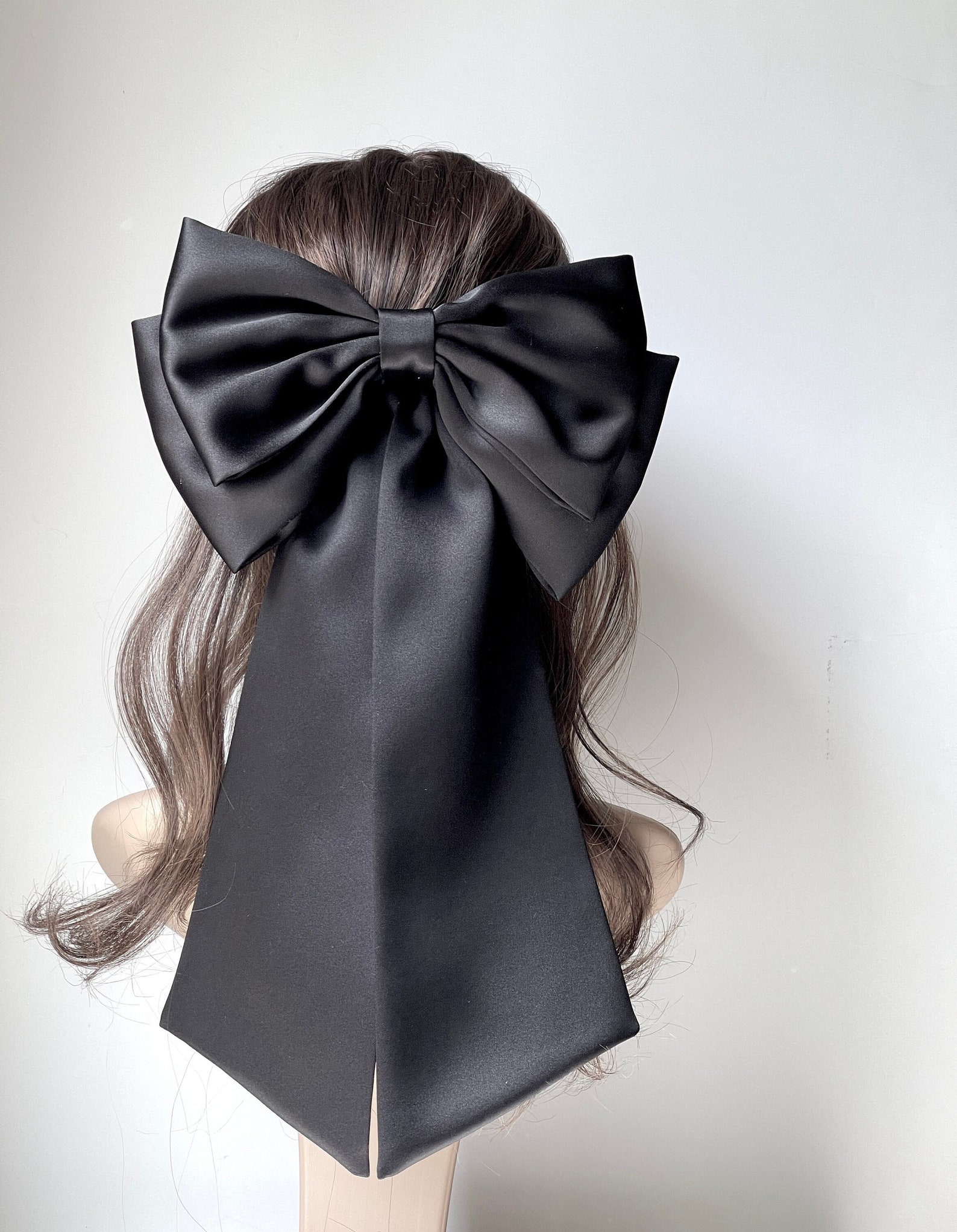 Black Bow Long Bow Satin Hair Bow Barrette Giant Hair Bow - Etsy