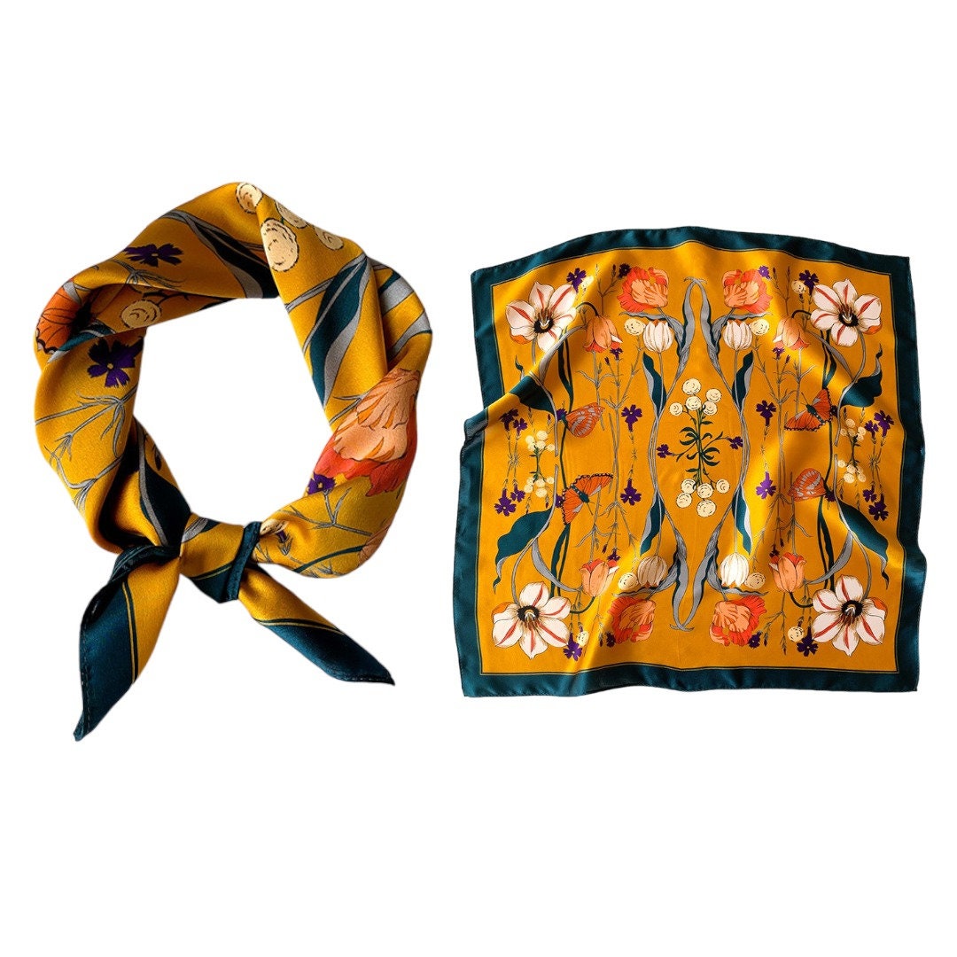 Poppy Flower Mustard 53cm Mulberry Silk Scarf Square, Women's Scarf ...