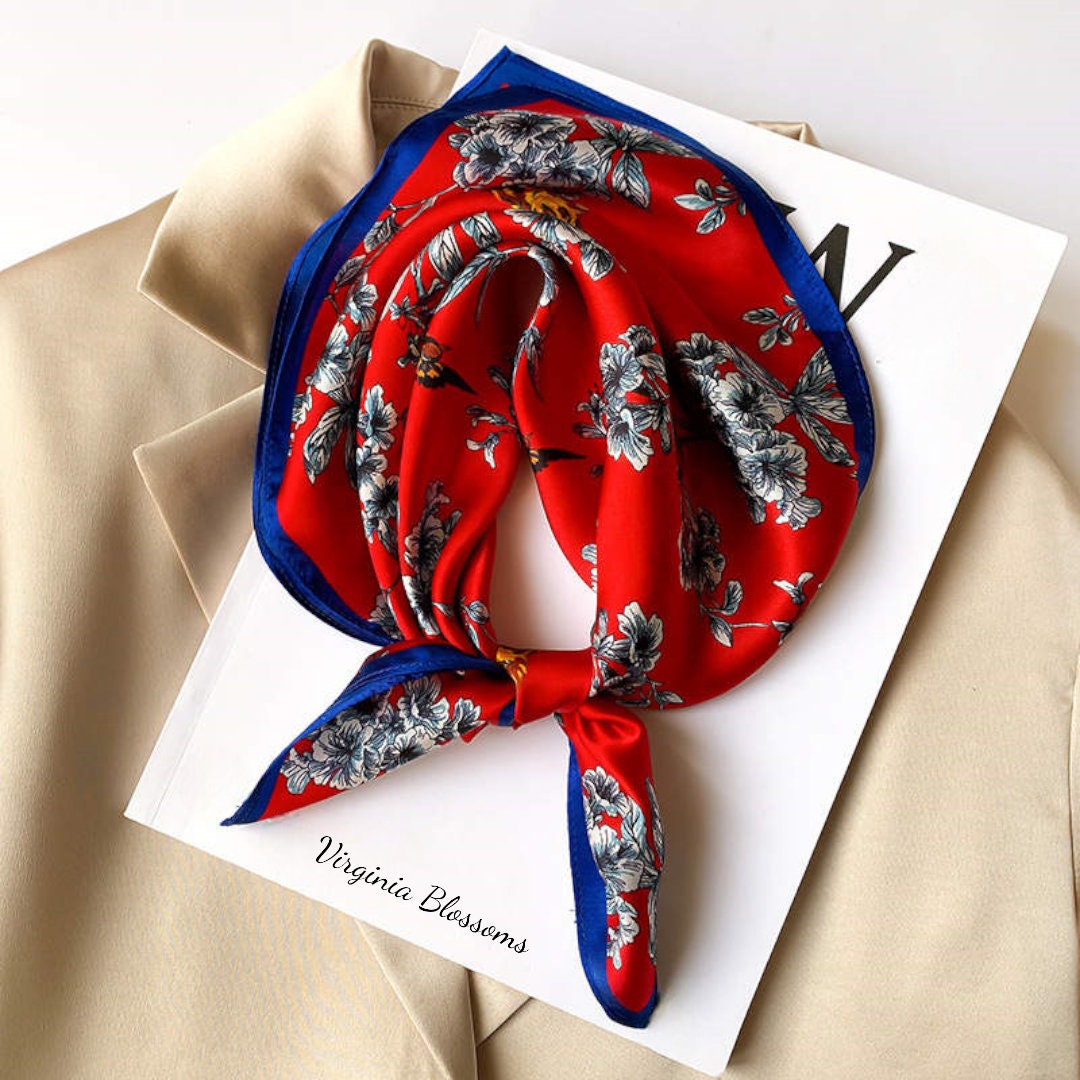 Floral Red 53cm Silk Scarf Square, Women's Scarf, Fashion Scarf ...