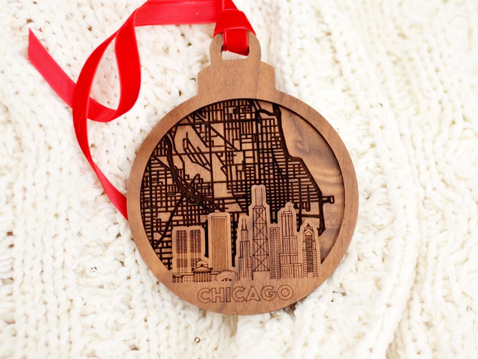 Chicago Gift Set, Chicago Skyline Map Ornament, Christmas Chicago ...