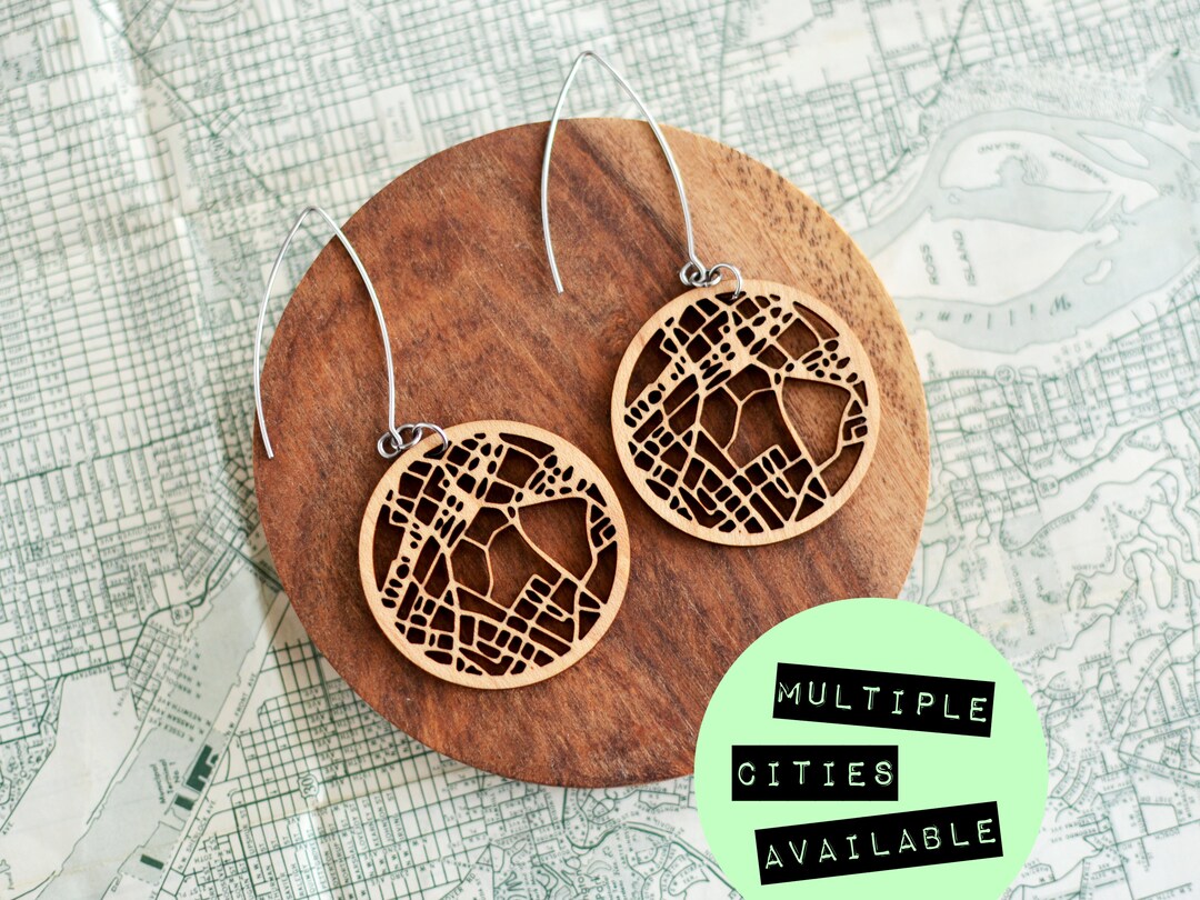 City Map Earrings, Custom Wood Earring, City Map Art, Personalized ...