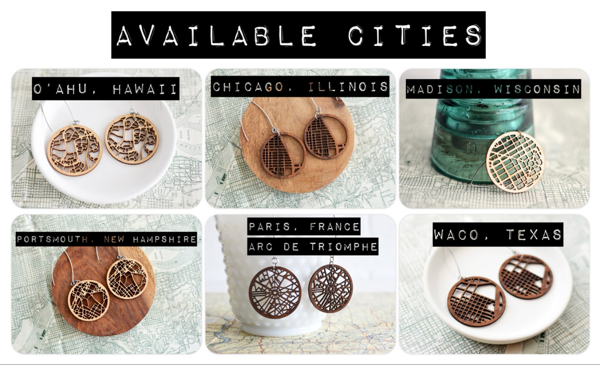 City Map Earrings, Custom Wood Earring, City Map Art, Personalized ...