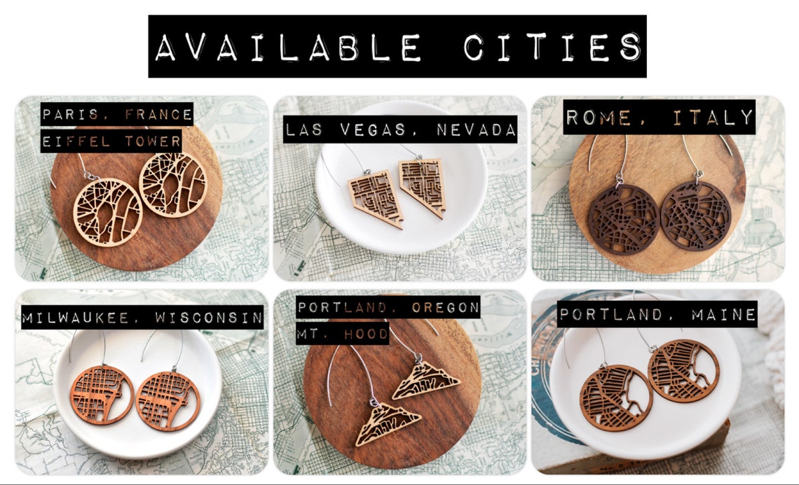 City Map Earrings Custom Wood Earring City Map Art - Etsy