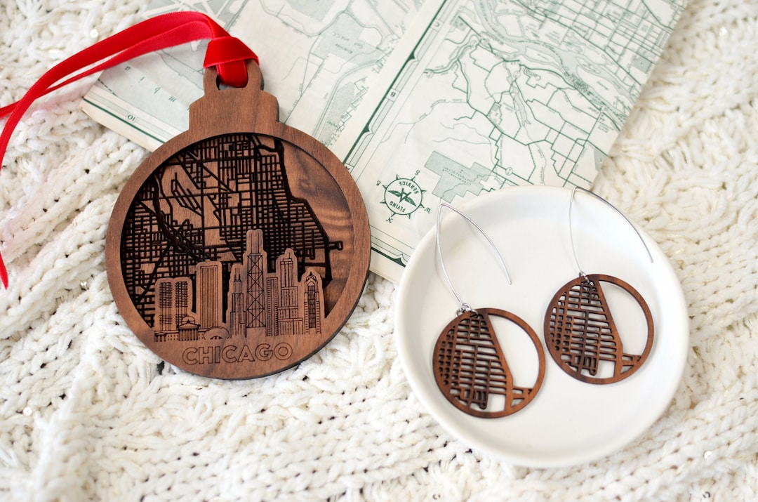 Chicago Gift Set, Chicago Skyline Map Ornament, Christmas Chicago ...