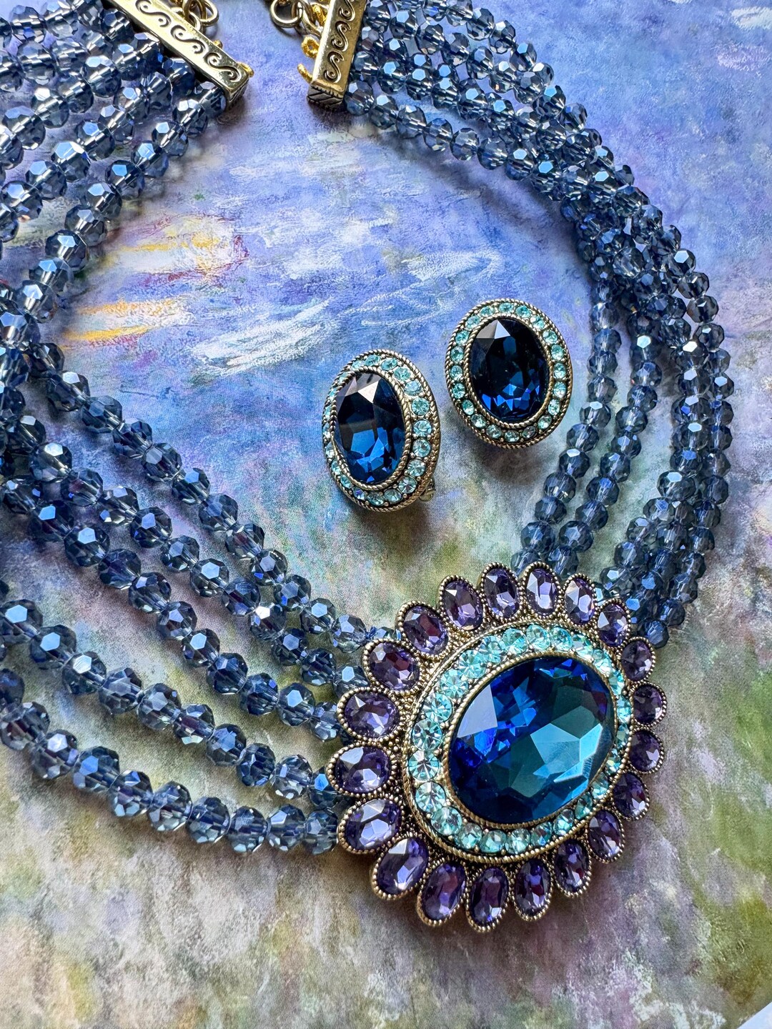 Heidi Daus Blue Crystal Necklace Earrings Set Vintage Statement Jewelry ...