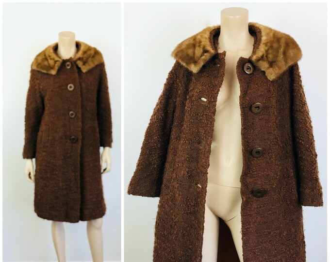 Vintage 1960s CHUNKY BROWN Wool & Mink FUR Collar Button Front Coat - Etsy