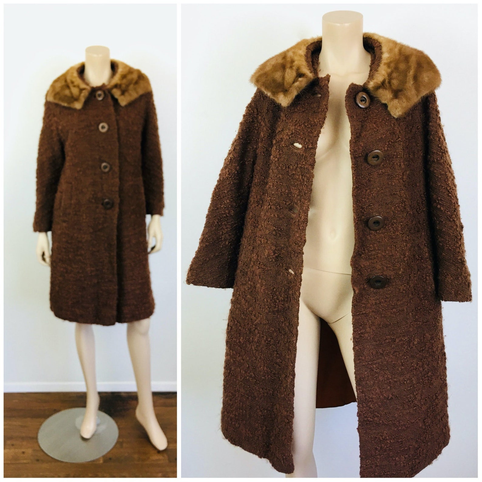 Vintage 1960s CHUNKY BROWN Wool & Mink FUR Collar Button Front Coat - Etsy