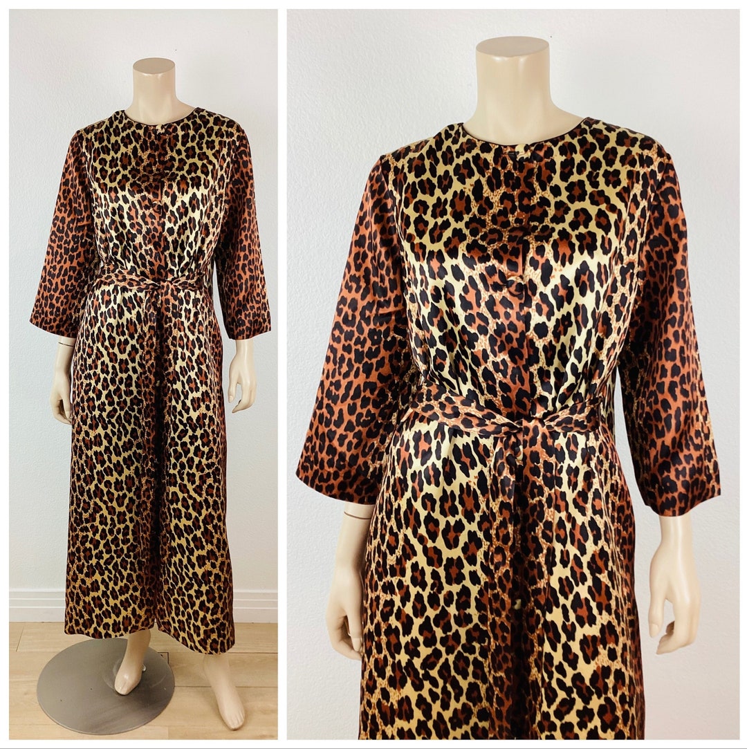 Vintage 1960s LEOPARD PRINT SATIN Button Down Hostess Gown / Robe ...