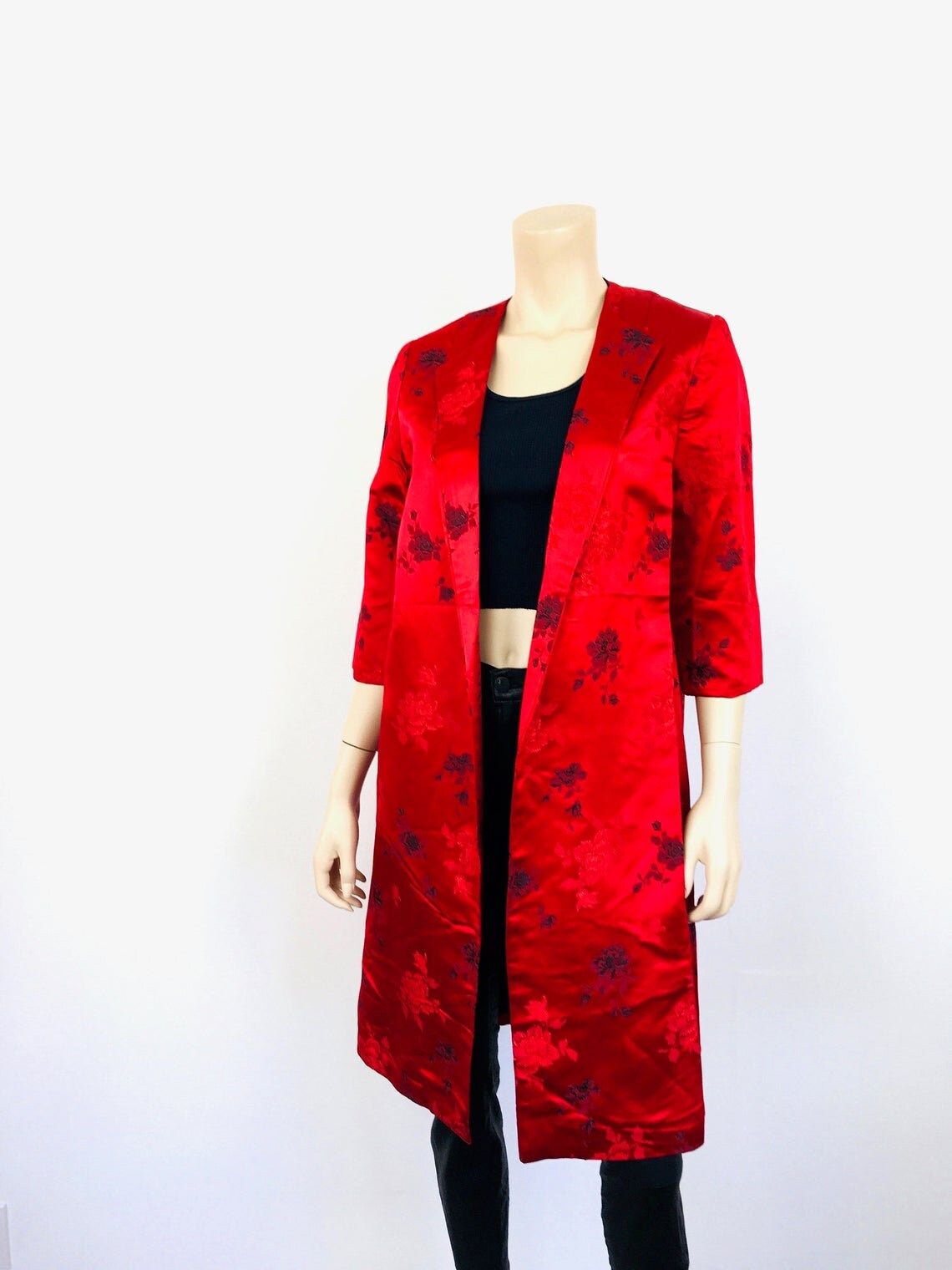 Vintage 1950s BRIGHT RED SATIN Black Floral Brocade Evening Jacket ...