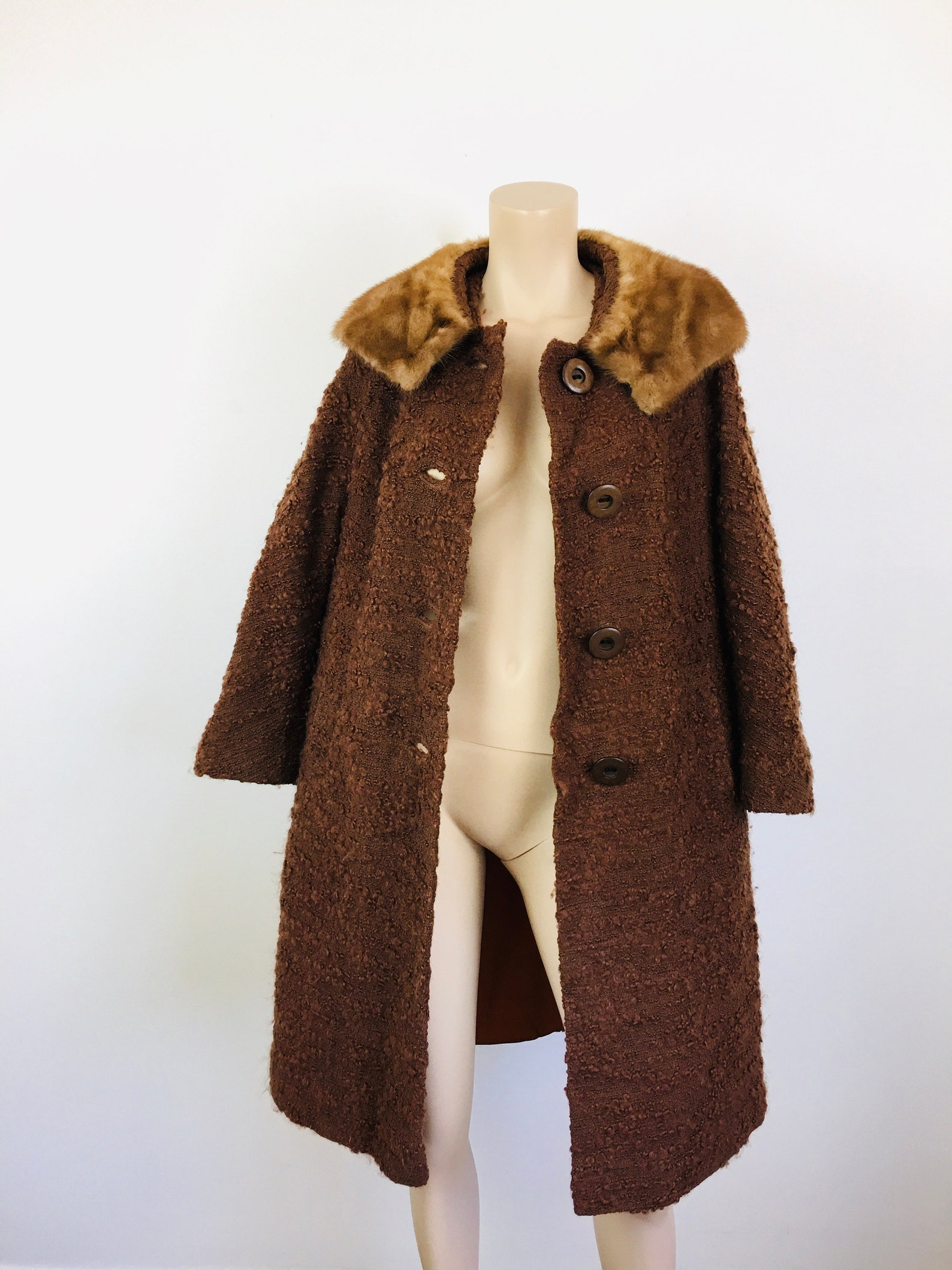 Vintage 1960s CHUNKY BROWN Wool & Mink FUR Collar Button Front Coat - Etsy