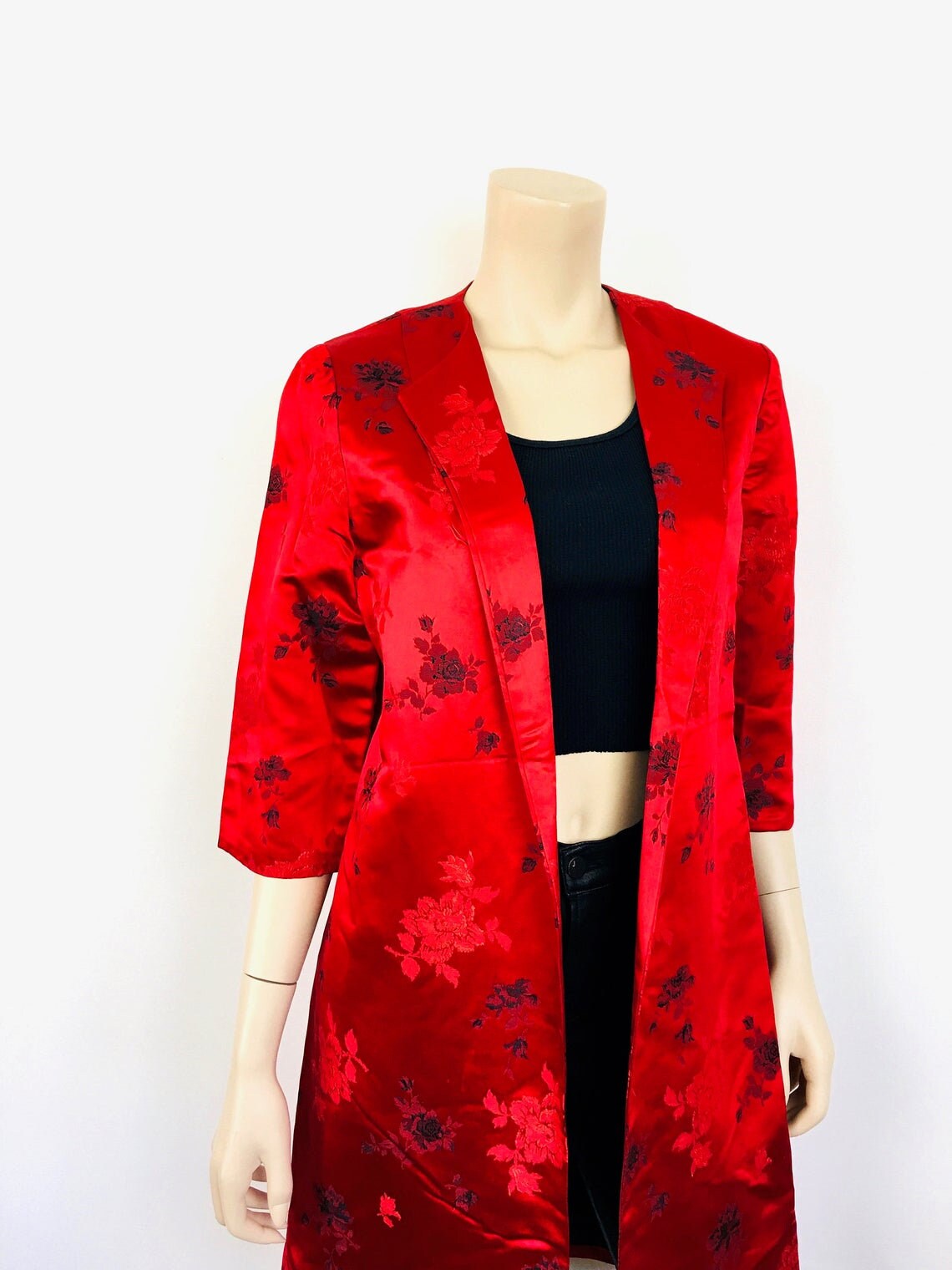Vintage 1950s BRIGHT RED SATIN Black Floral Brocade Evening Jacket ...