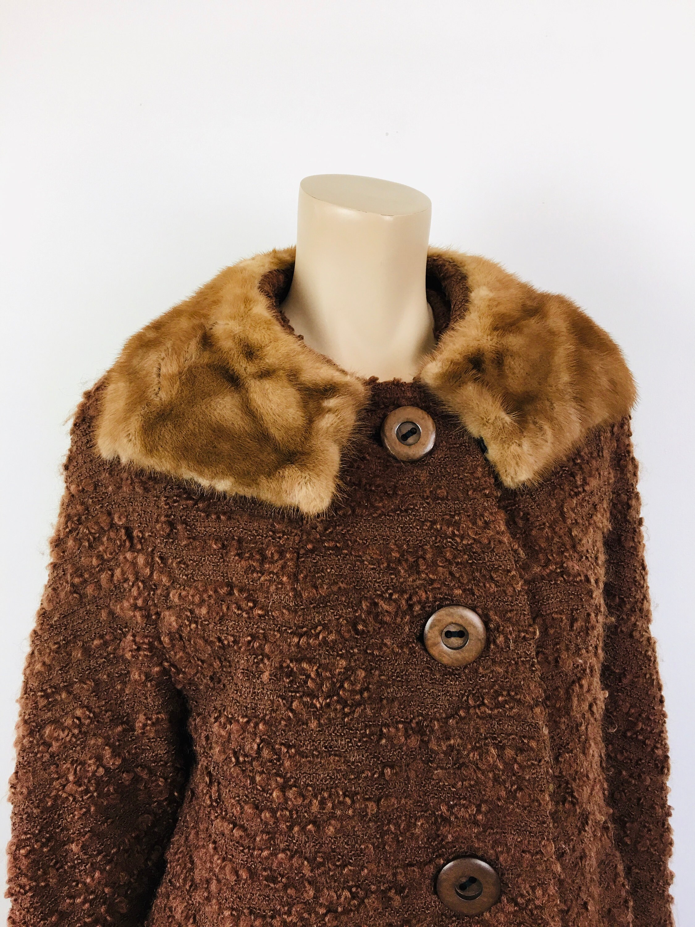 Vintage 1960s CHUNKY BROWN Wool & Mink FUR Collar Button Front Coat - Etsy