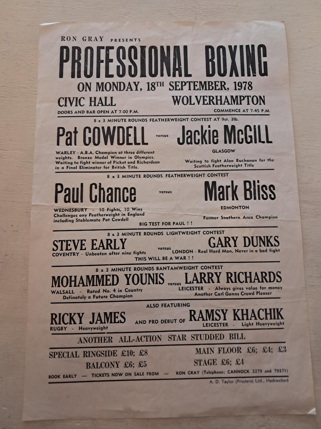Rare Pat Cowdell Vs Jackie Mcgill Featherweight Boxing on Site 9.5x14 ...