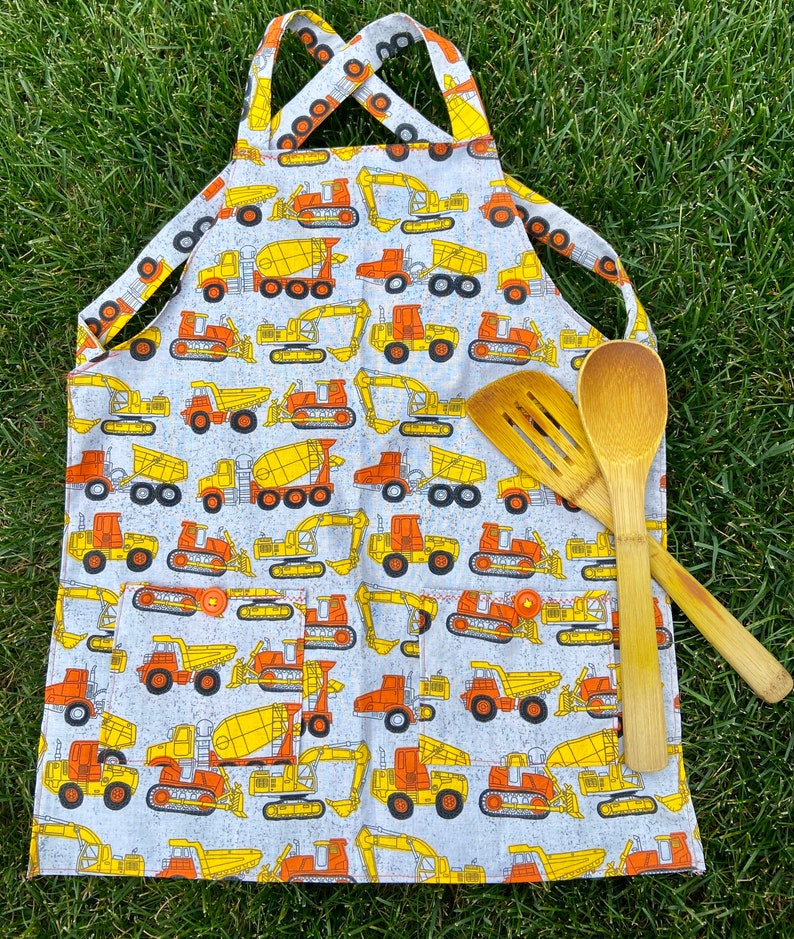 Construction Trucks Kids Apron: Cotton Cross Back, Matching Tote - Etsy