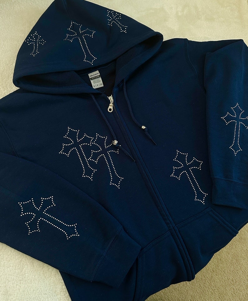 Cyber Cross Y2K Gothic Rhinestone Hoodie Vol.2 Navy Blue - Etsy