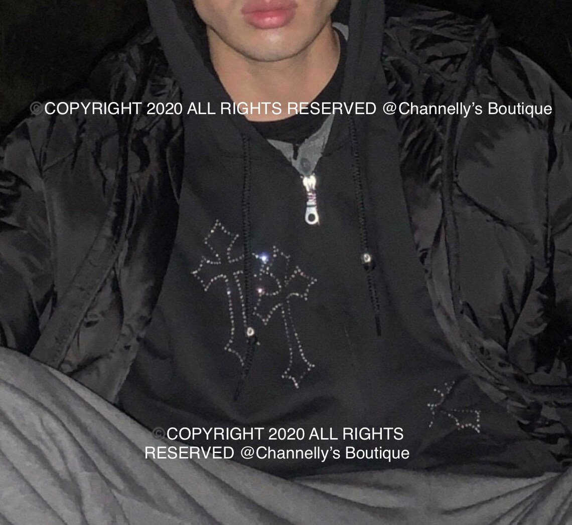 Cyber Cross Y2K Gothic Rhinestone Hoodie Vol.2 Navy Blue - Etsy