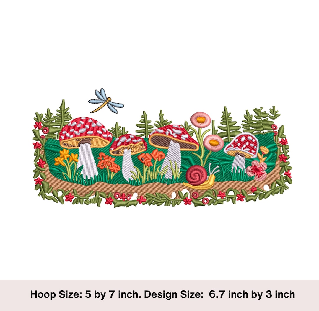 Mushroom Border Embroidery Design: Cottagecore Forest (5x7 Inch ...