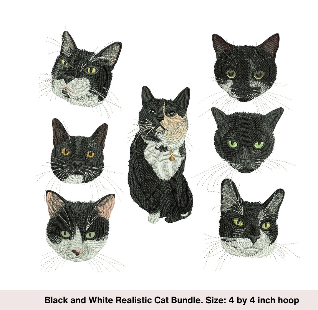 Realistic Cat Embroidery Designs: Black and White Felines (digital ...