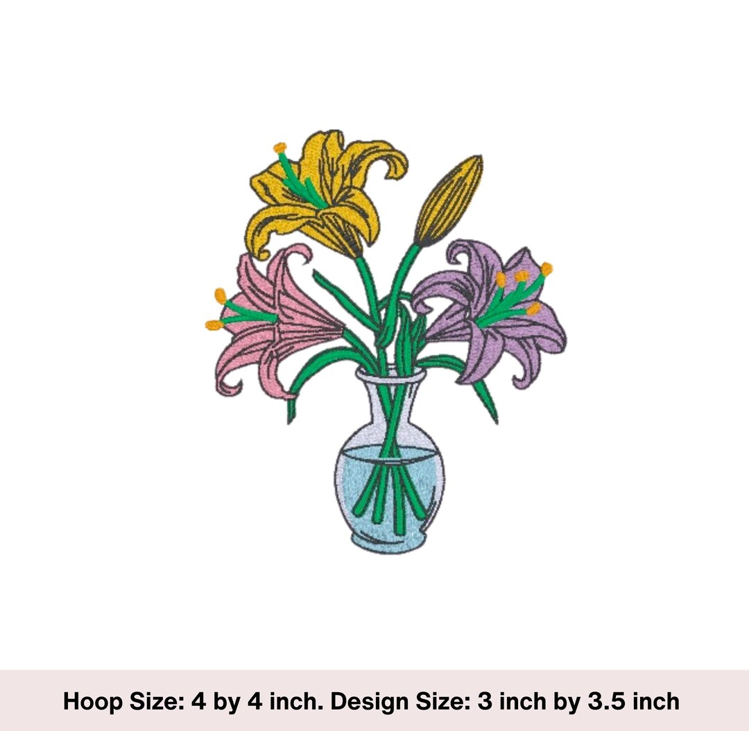 Lily Embroidery Design, Flower Embroidered Design, Lilly Bouquet Vase ...