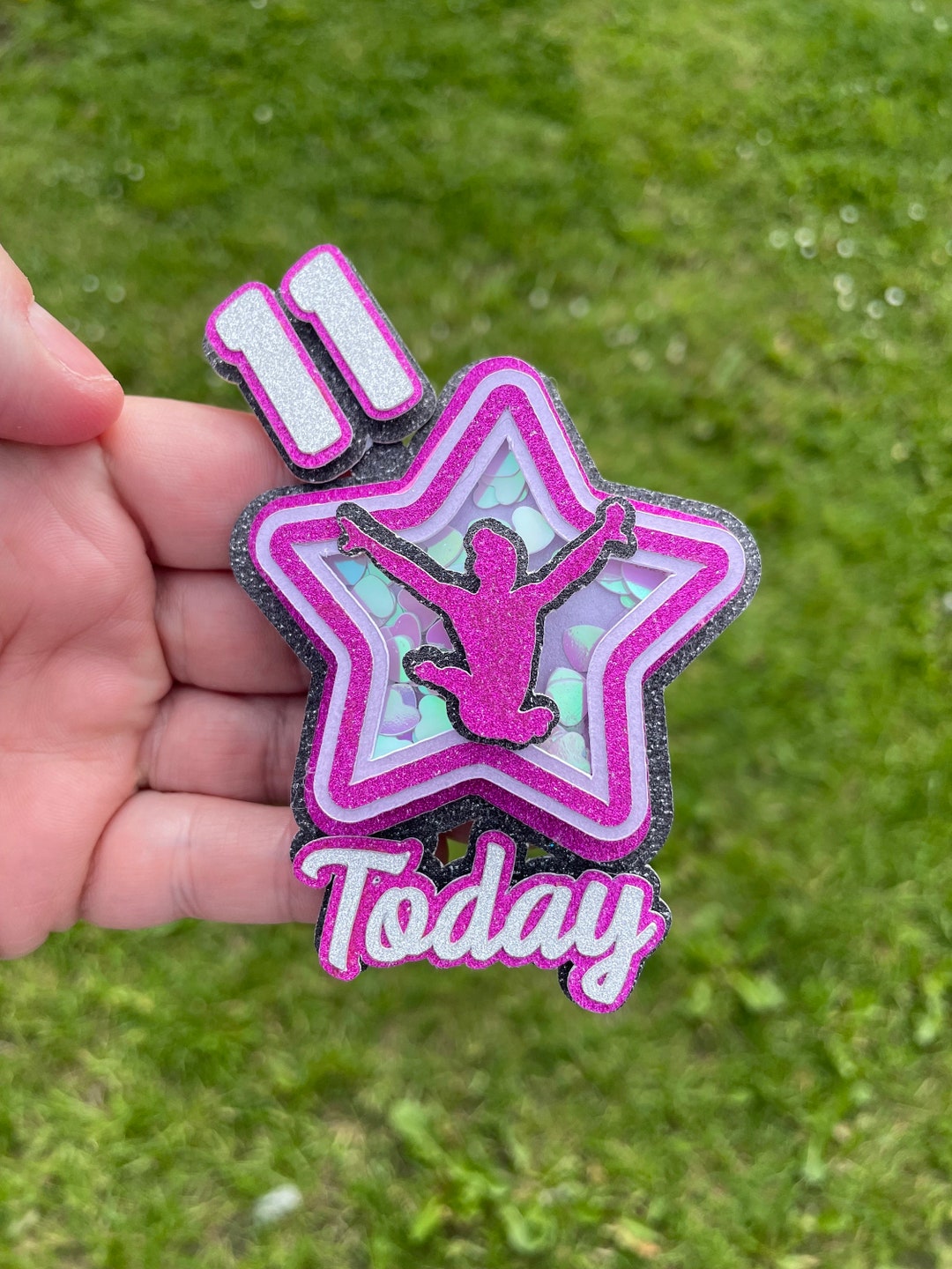 3D Shaker Badge Gymnast Dance Birthday Age Glitter Card Badge Party ...