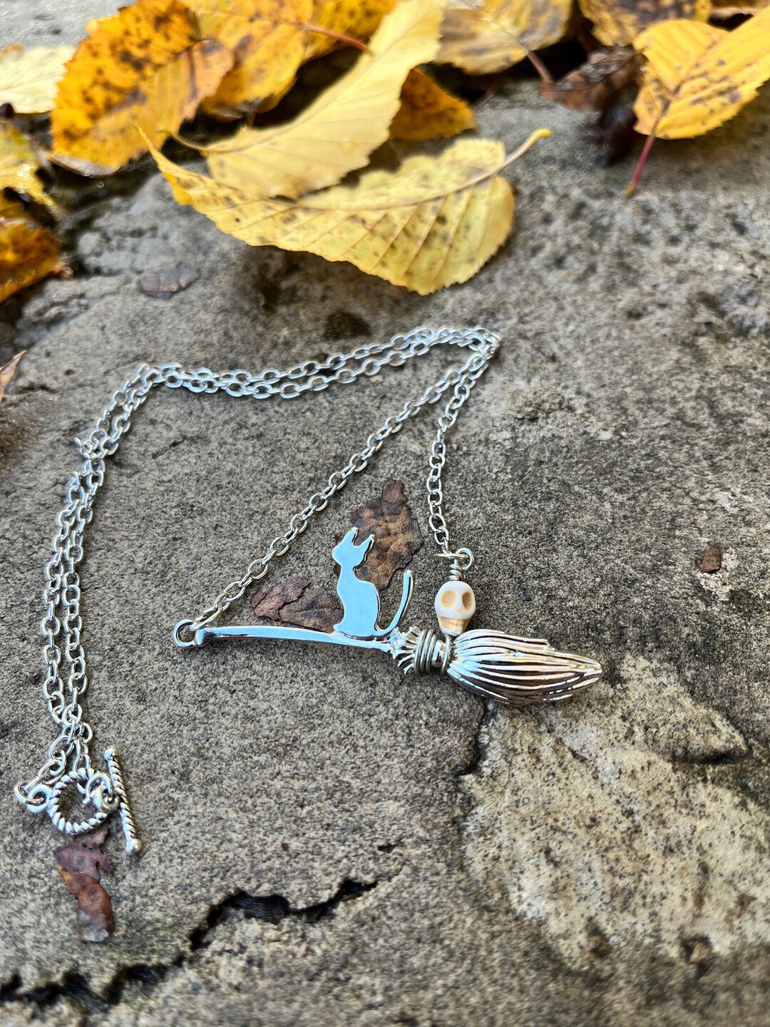 Broom, Cat, & Skull Necklace - Etsy