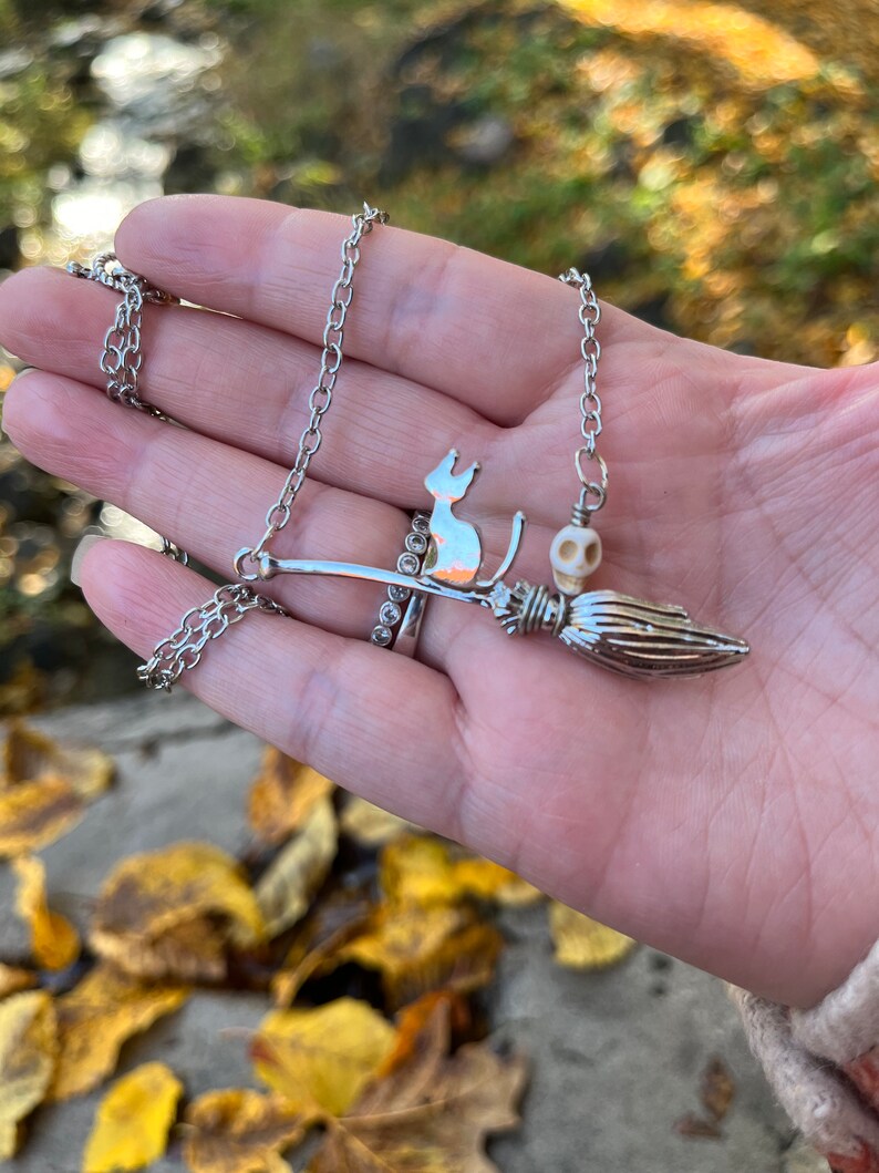 Broom, Cat, & Skull Necklace - Etsy