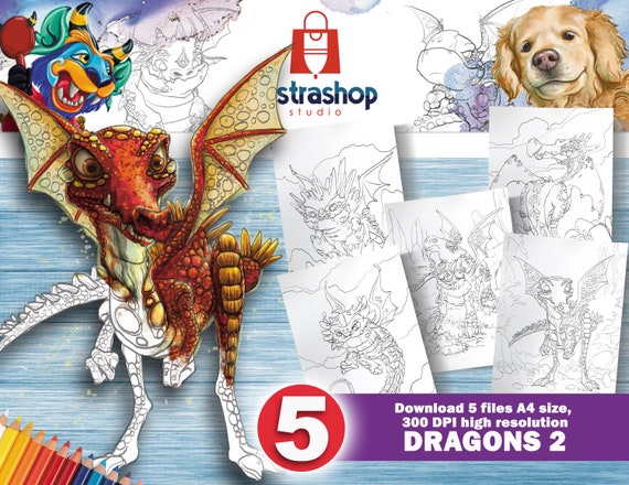 Dragons 2 Set of 5 A4 Size Coloring Pages for Adults & | Etsy