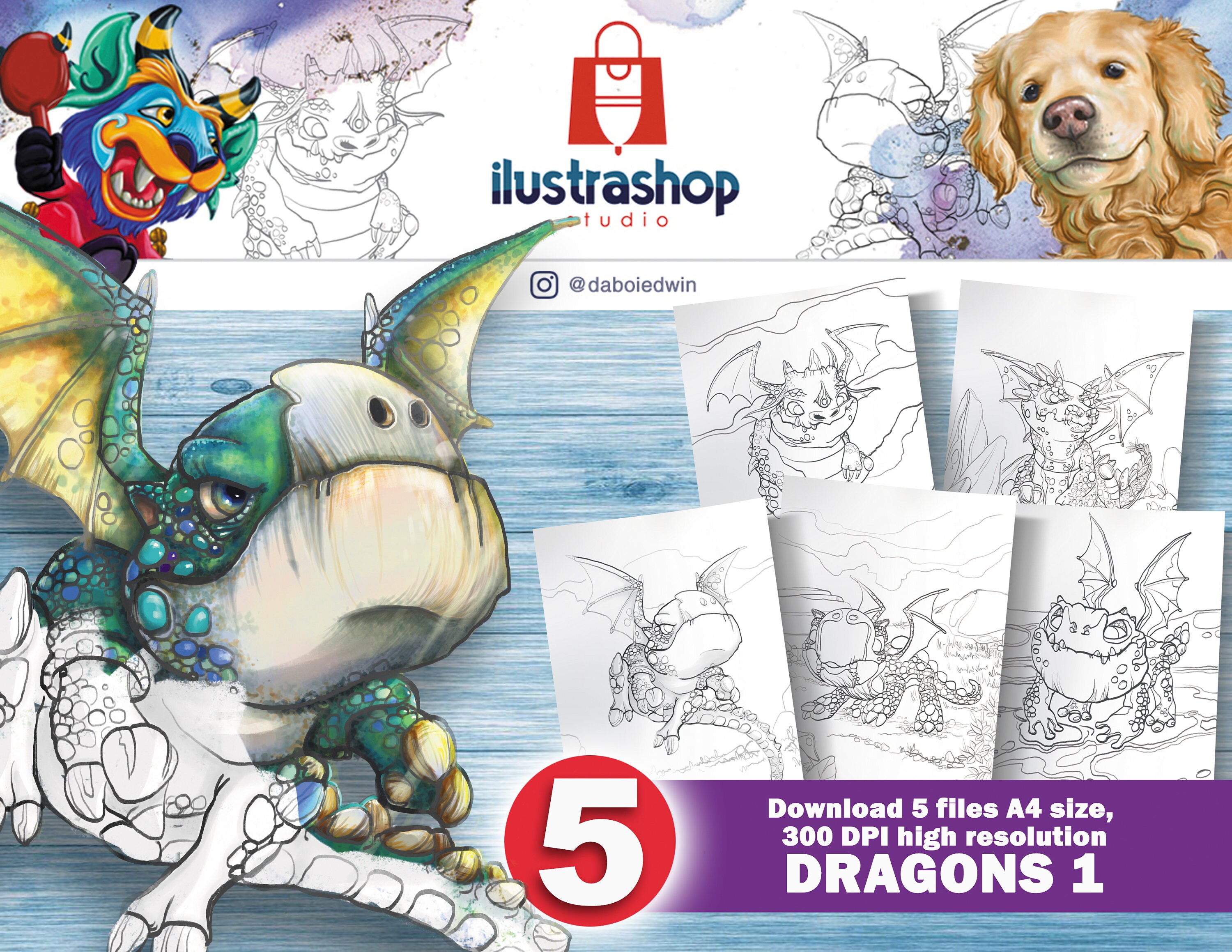 Dragons 1- Set of 5 A4 Size Coloring Pages for Adults & Children ...