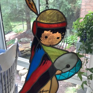 Vintage Stained Glass Native American Child W Drum—sun Catcher ...