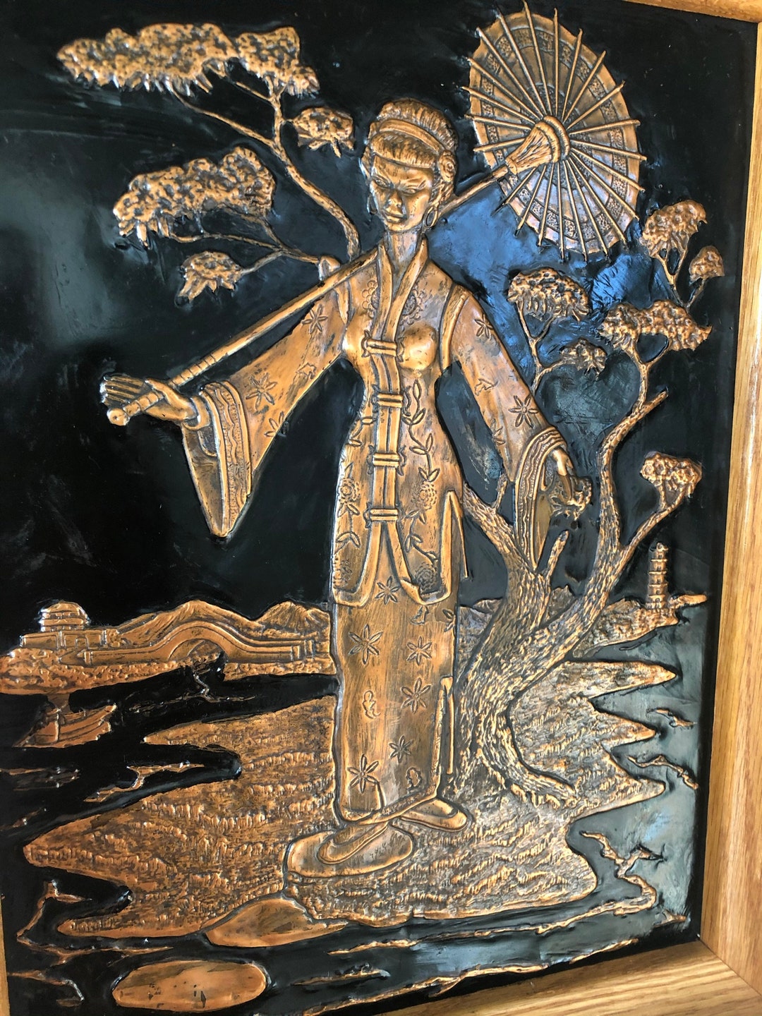 Copper Asian Art, Unique Vintage Hand Pressed Copper Picture Featuring ...