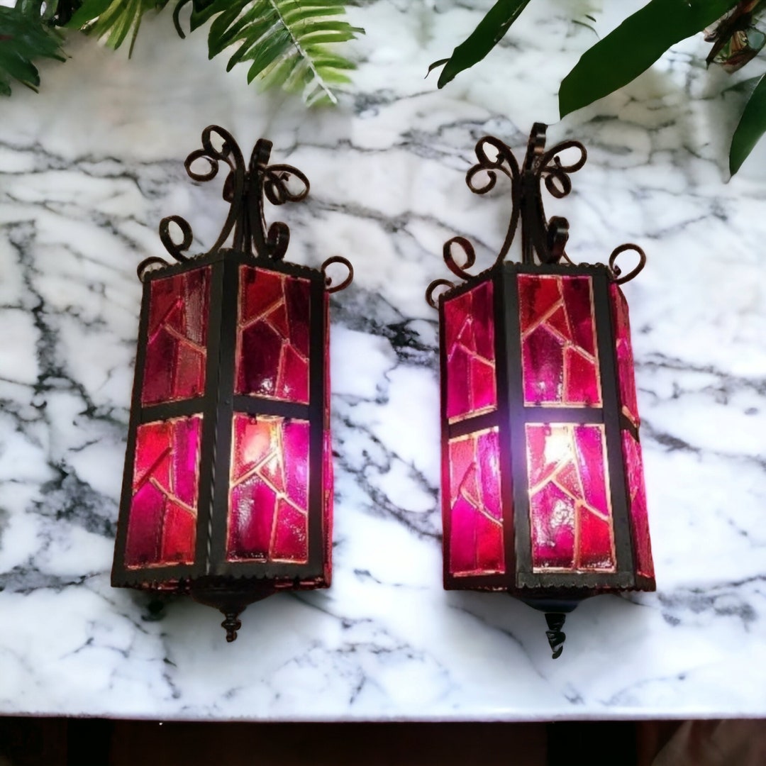Vintage Large Stained Glass Lamps 2 Red Stained Glass Porch - Etsy