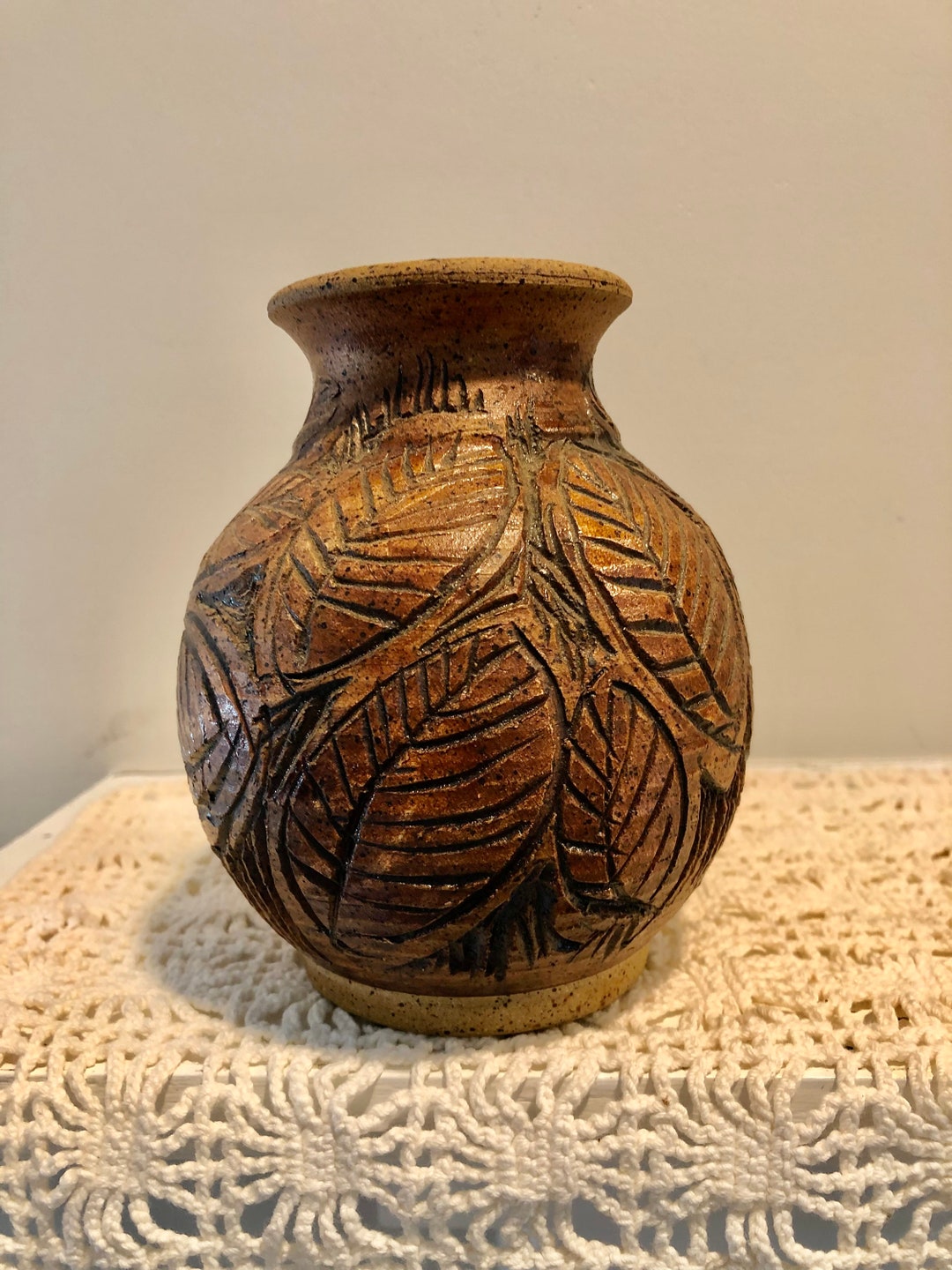 Vintage Macgregor Signed Pottery Vase, Etched Leaf Pattern Pottery Pot ...