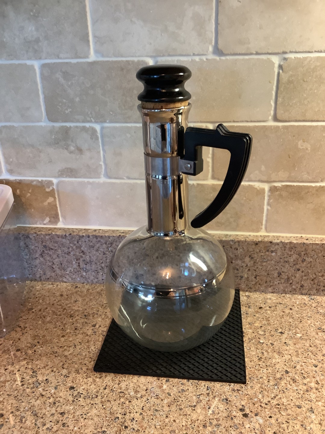 Vintage Mid Century Glass Coffee Carafe, Wooden Handle, Silver Tone ...