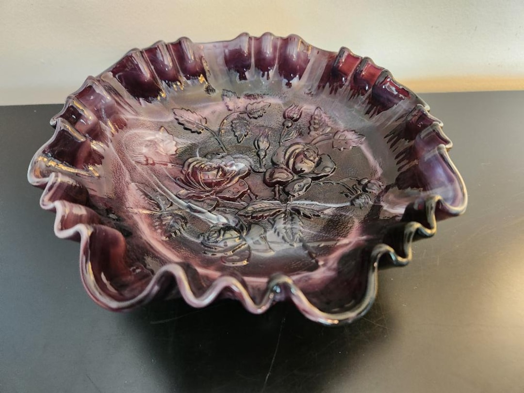 Vintage Imperial Purple Rose Slag Glass Bowl, Embossed Rose Purple Slag ...