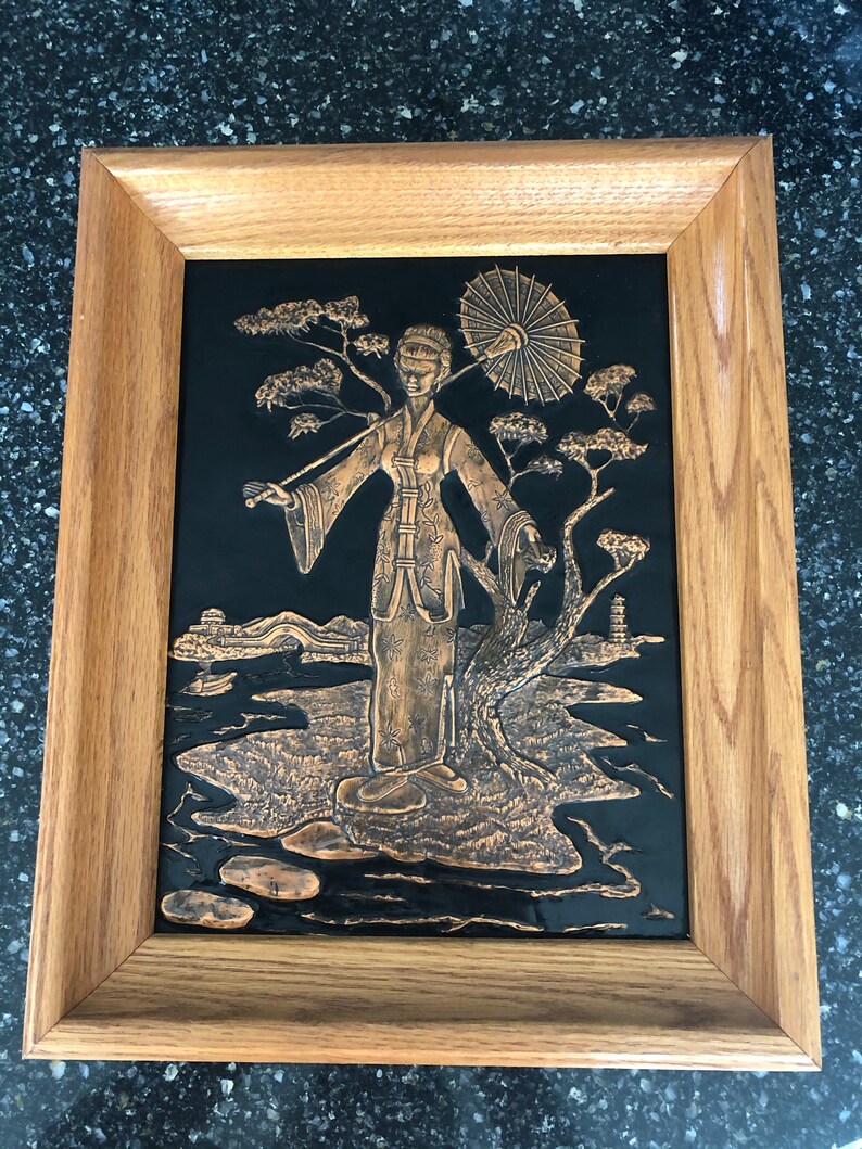 Copper Asian Art, Unique Vintage Hand Pressed Copper Picture Featuring ...
