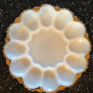 Vintage Anchor Hocking Deviled Egg Plate, Milk Glass Gold Trimmed Ruffled Deviled Egg Plate ...
