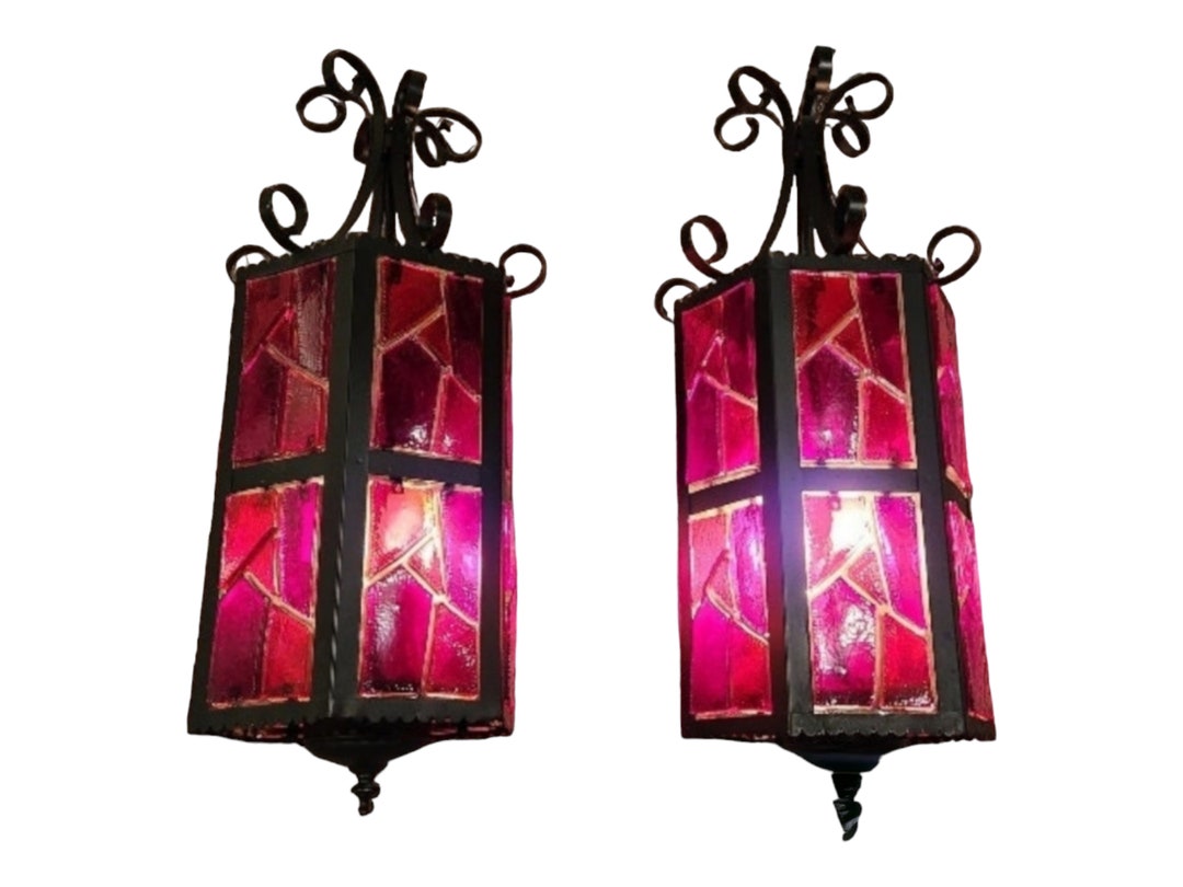 Vintage Large Stained Glass Lamps, 2 Red Stained Glass Porch Lanterns ...