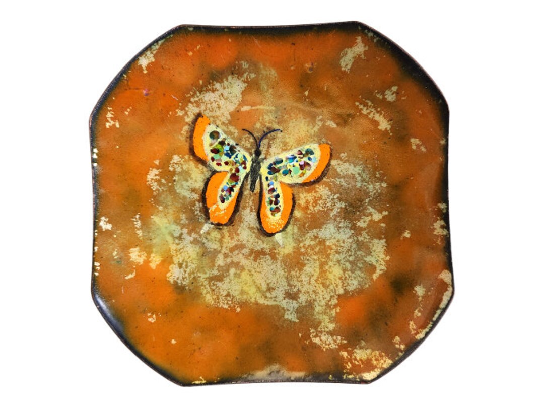 Vintage Enamel on Copper Butterfly Dish, Hand Painted Butterfly Dish ...