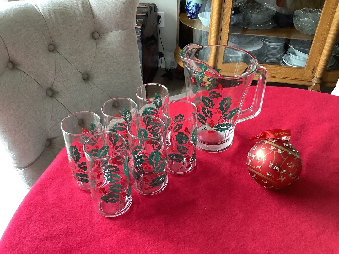 Vintage Crisa Glassware Lexus Holly Berry 7 Piece Set, Made N Mexico ...