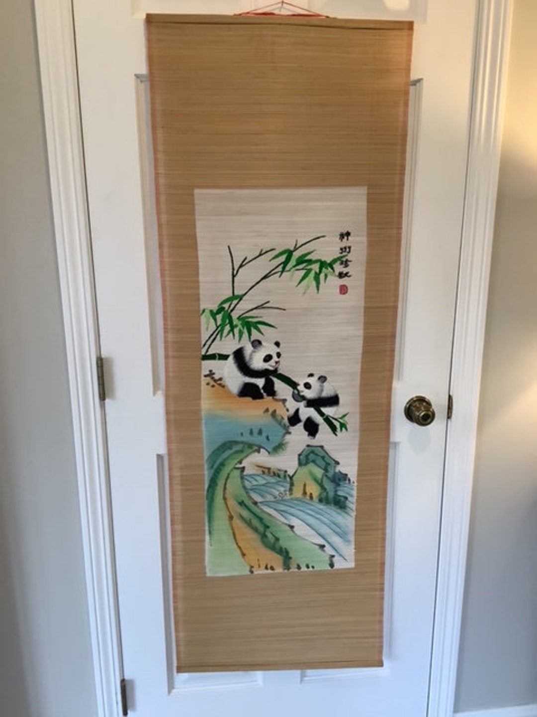 Vintage Panda Art, Asian Scroll, Asian Bamboo Hand-painted & Crewel ...