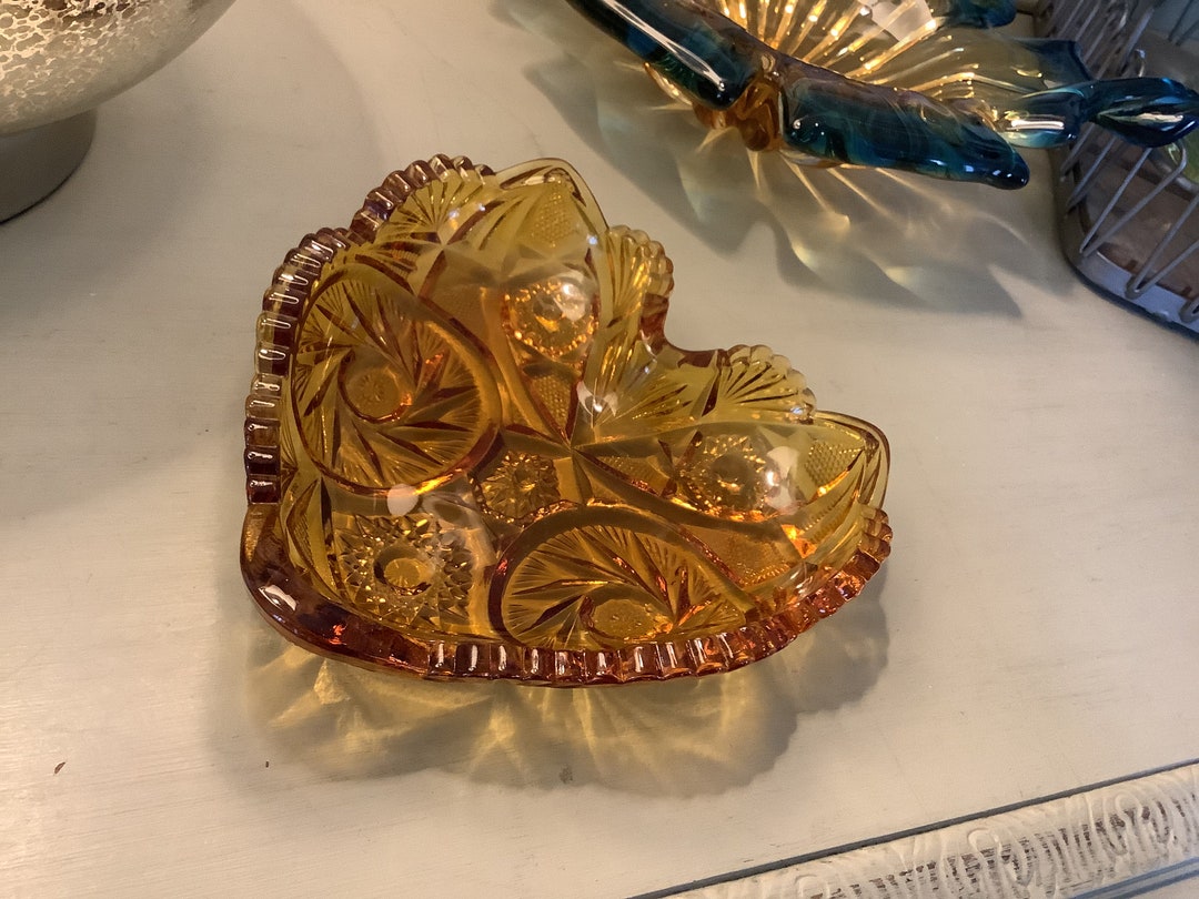 Vintage Amber Glass Heart Dish, Heart Shaped Shallow Trinket Dish ...